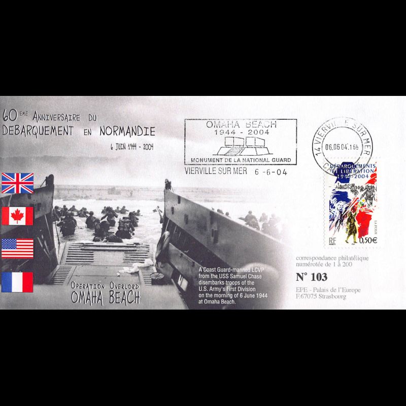 FDC 60 ANS D-DAY / OMAHA BEACH OPÉRATION OVERLORD VIERVILLE-S/MER