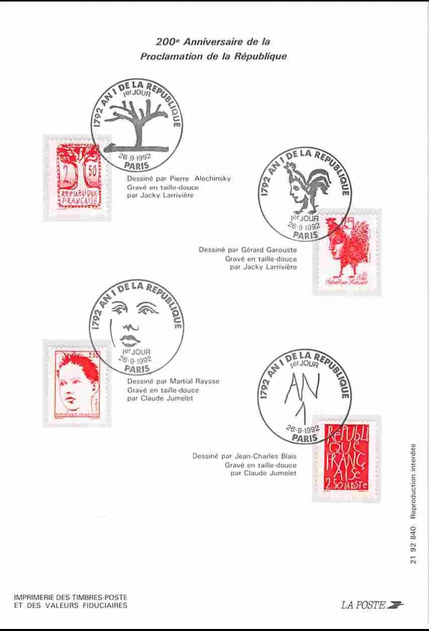 1992 Notice Philatélique - Anniversaire proclamation de la République
